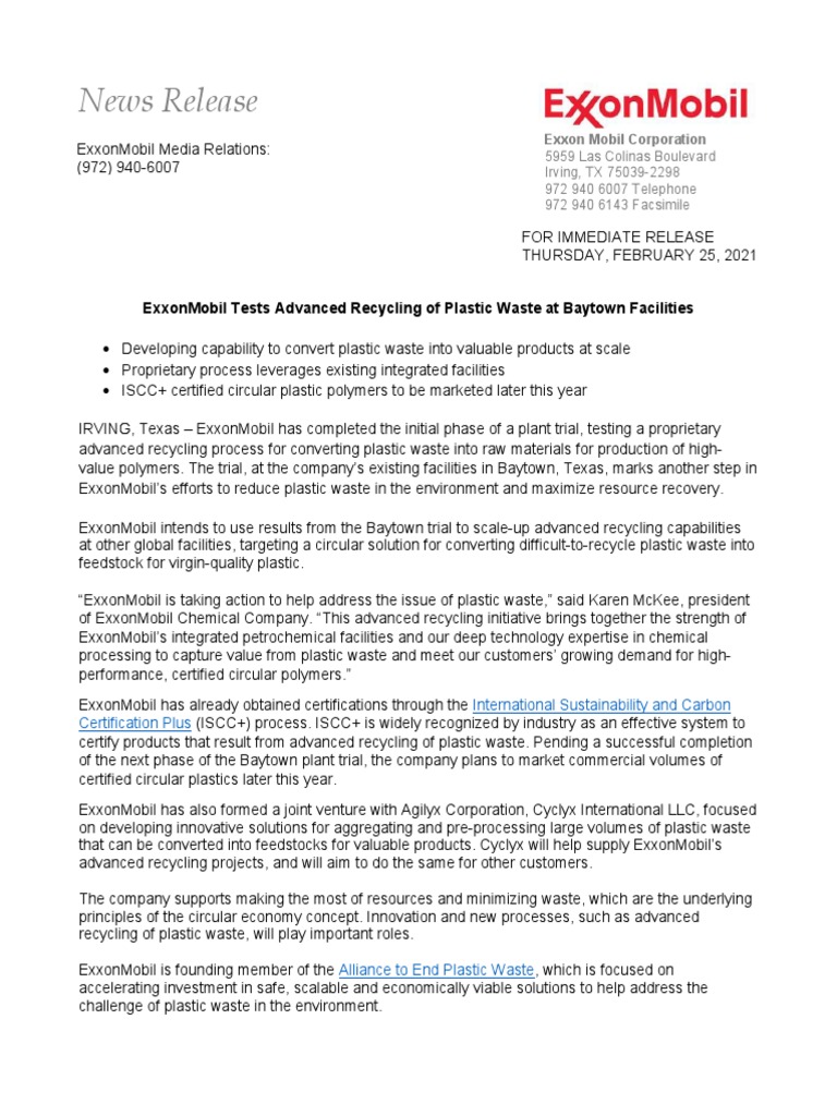 Baytown Advanced Recycling Release en | PDF | Exxon Mobil | Recycling