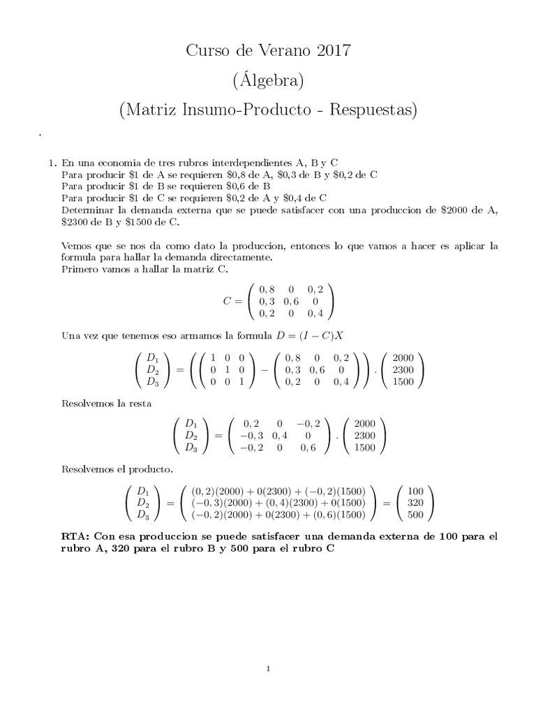 12 - Algebra (Matriz Insumo-Producto) (Respuestas) PDF | PDF | Matriz (Matemáticas) | Análisis ...