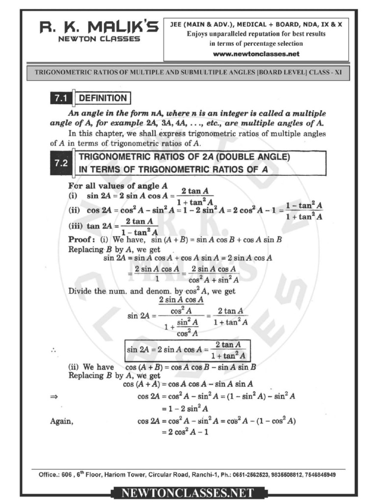 Trigonometric Ratios of Multiple and Submultiple Angles | PDF