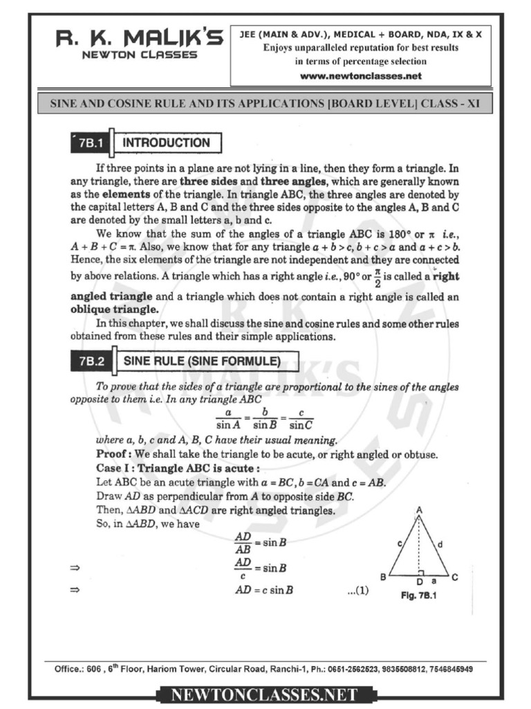 7B. Sine and Cosine rule and its applications | PDF