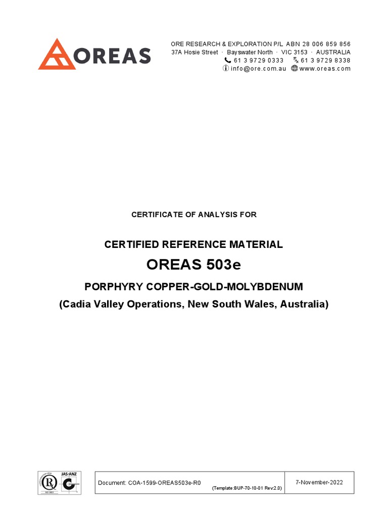 Certificate of Analysis for Certified Reference Material OREAS 503e Porphyry Copper-Gold ...