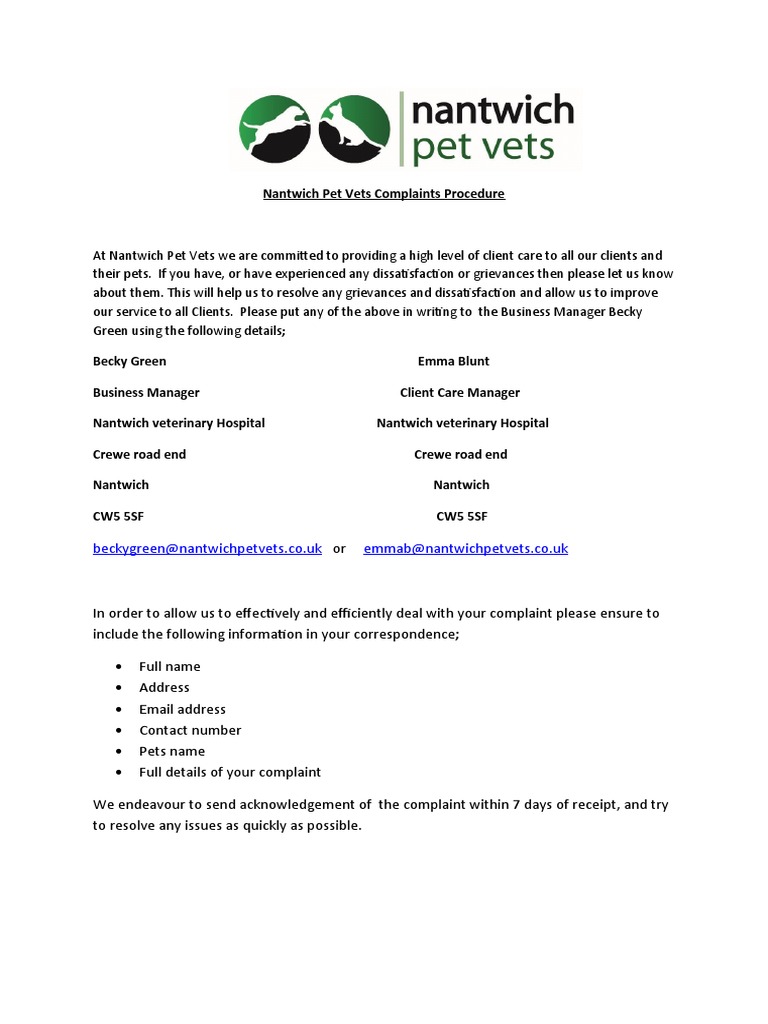 Nantwich Pet Vets Complaints Procedure | PDF