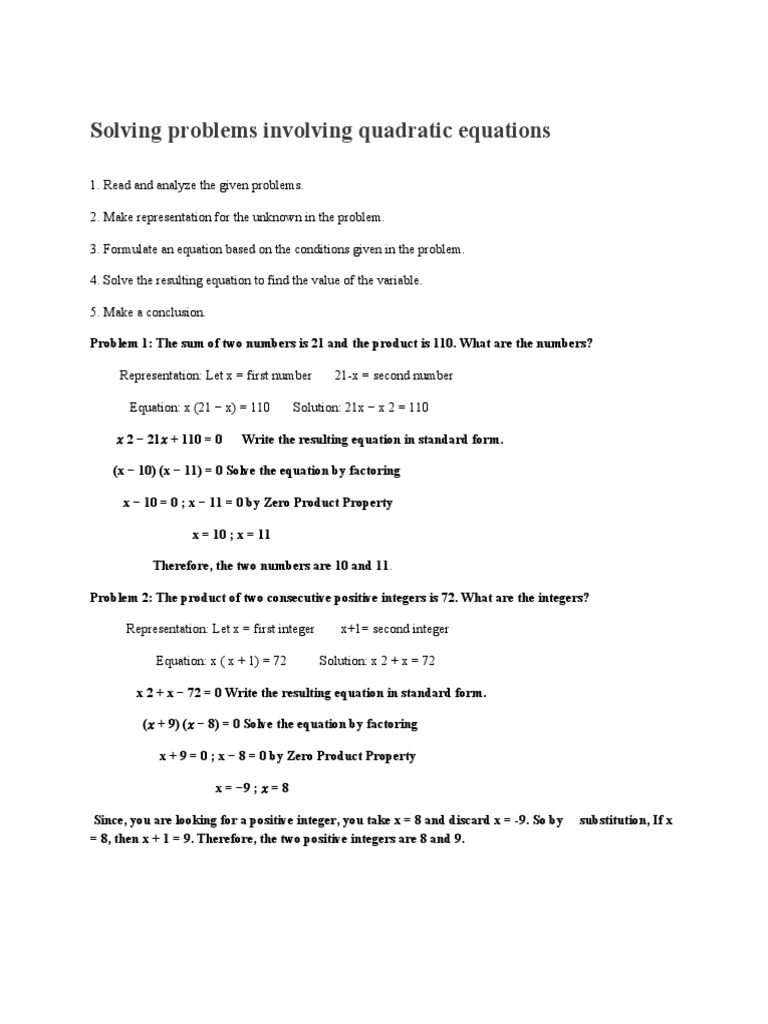 Solving Problems Involving Quadratic Equations Pdf