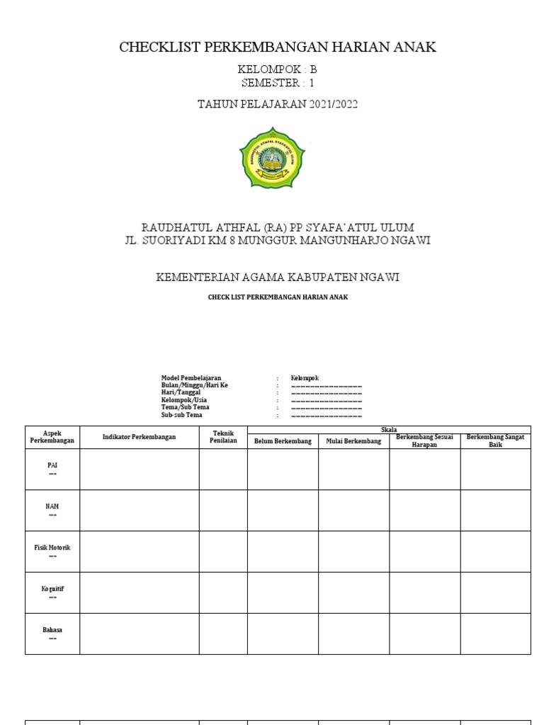 Format Checklist Perkembangan Harian Anak | PDF