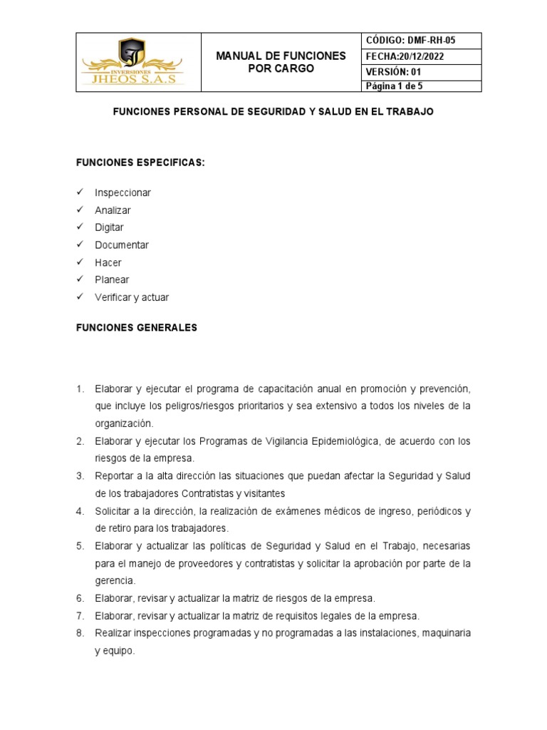 Manual Funciones Del Personal de Seguridad y Salud en El Trabajo | PDF ...