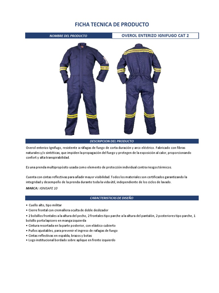 Ficha Tecnica Overol Ignifugo Cat 2 | PDF | Softlines (venta minorista ... Ficha Tecnica Overol Ignifugo Cat 2 | PDF | Softlines (venta minorista ...
