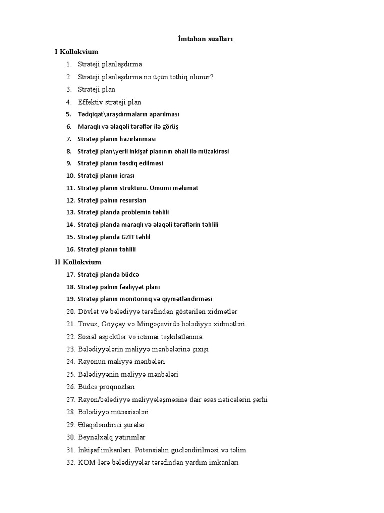 İmtahan Suallari-Bələdiyyələrin Strateji Məqsədləri | PDF