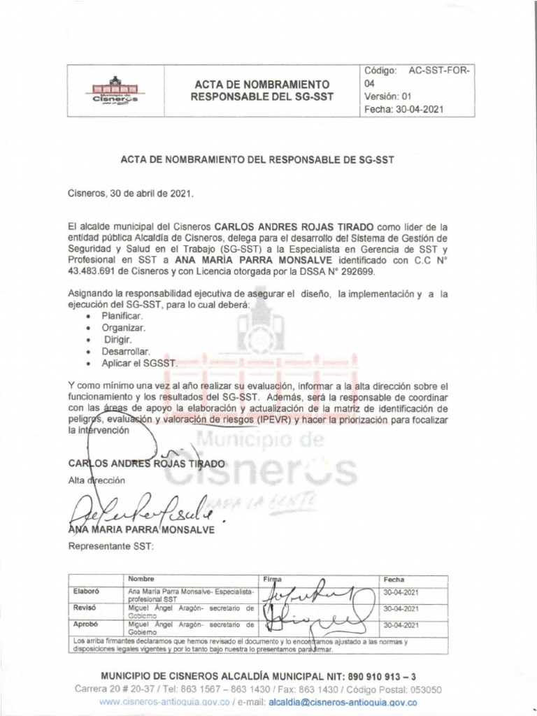 Acta De Nombramiento Del Responsable De Sgsst Pdf Pdf