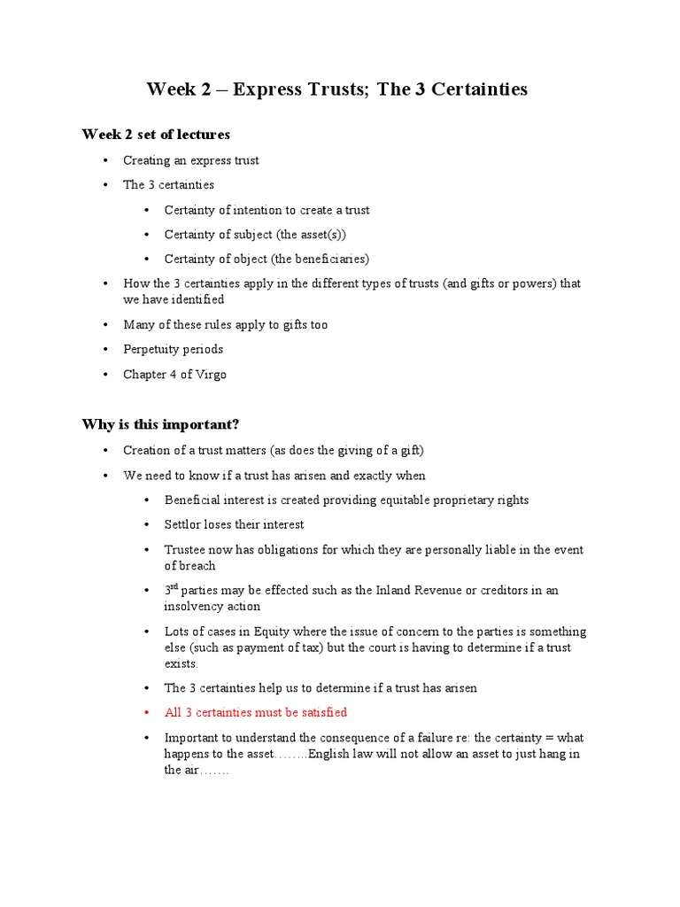 W2 Express Trusts and The Three Certainties | PDF | Trust Law | English Trust Law