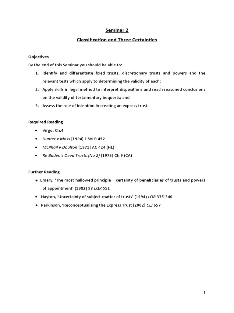 Seminar 2 - Classifcation and The Three Certainties | PDF | Trust Law ...