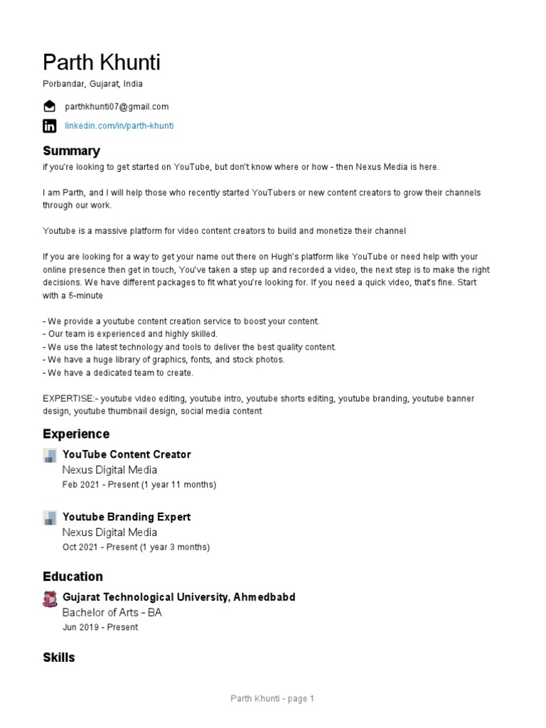 Resume Parth Khunti | PDF | Business
