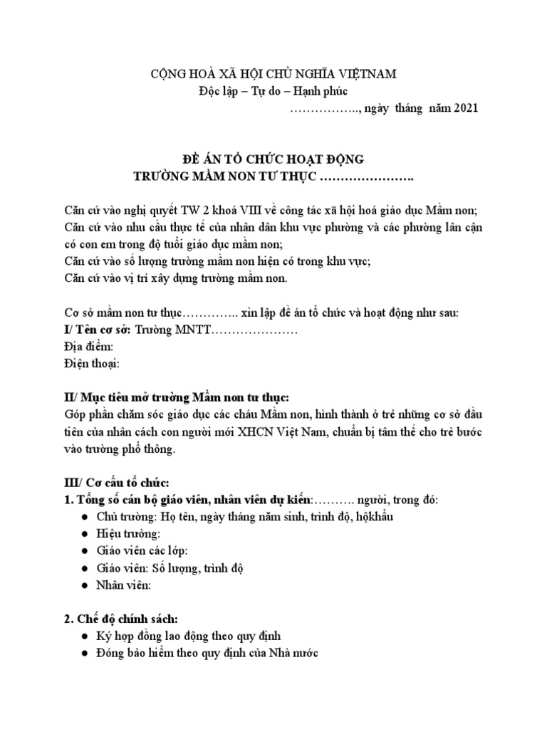 (GPMN) MẪU ĐỀ ÁN THÀNH LẬP TRƯỜNG MẦM NON | PDF