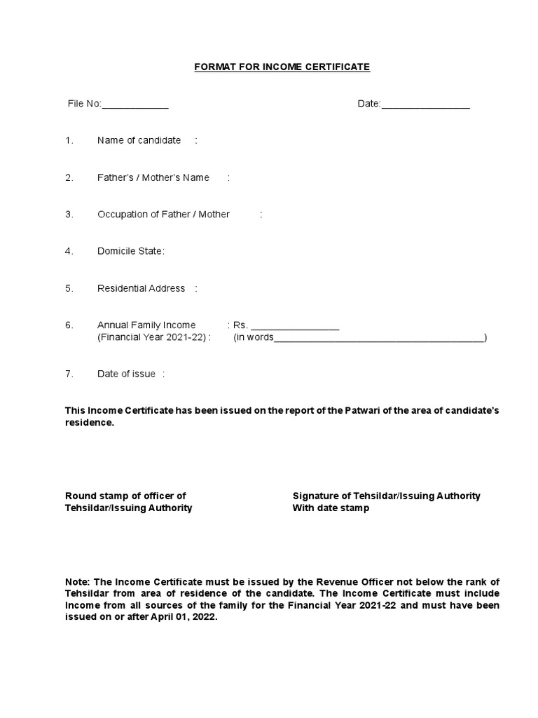 FORMAT FOR INCOME CERTIFICATE Sainik School | PDF