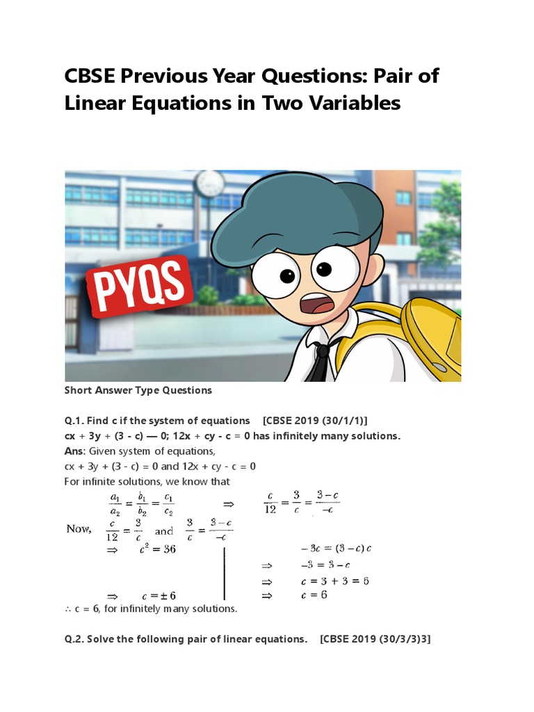 CBSE Previous Year Questions Pair of Linear Equations in Two Variables PDF | Download Free PDF ...