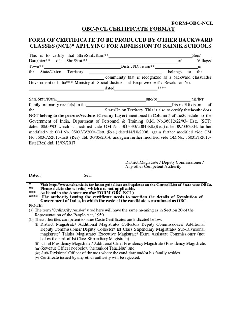 OBC SC ST Certificate Forms | PDF | Government Of India | Government
