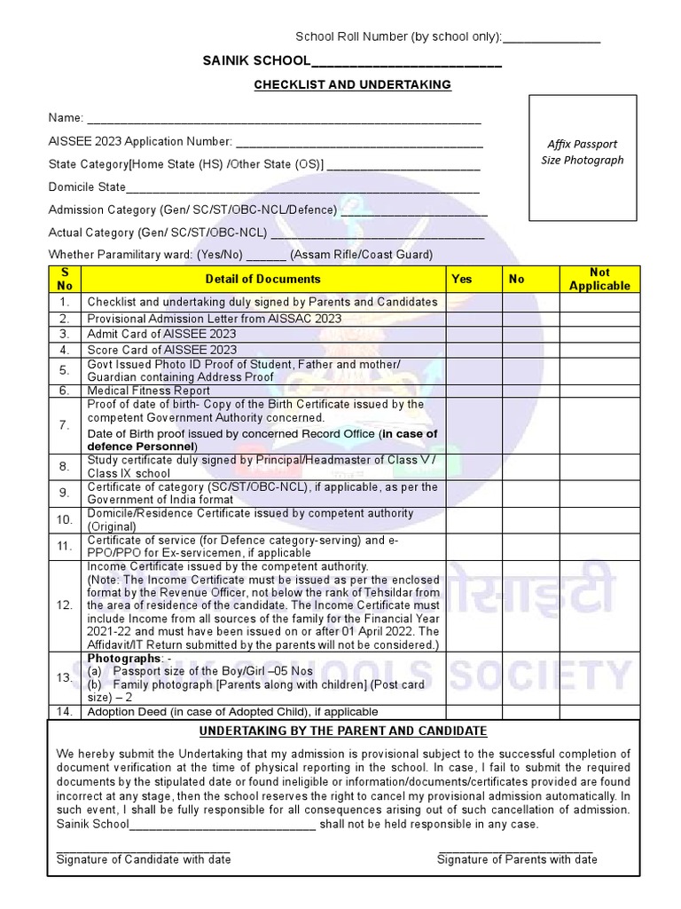 CHECKLIST WITH UNDERTAKING Sainik School | PDF | Government ...