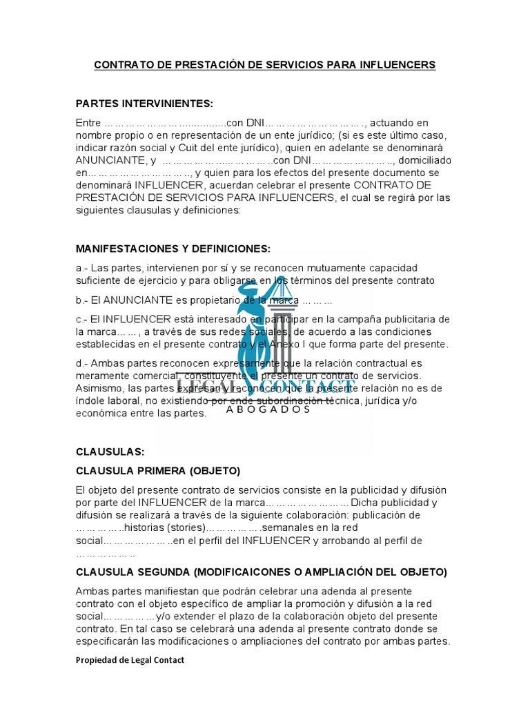 Contrato de Prestación de Servicio para Influencer | PDF | Publicidad ...