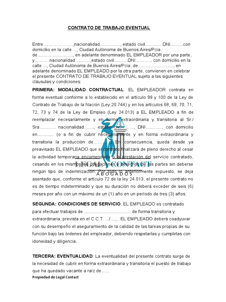Contrato de Trabajo Eventual | PDF | Salario | Tiempo de trabajo