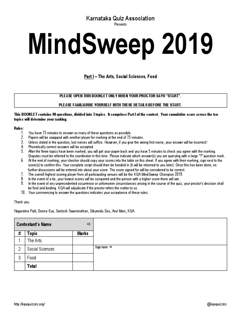MindSweep 2019 Questions Part I Questions Only PDF | PDF | Desserts