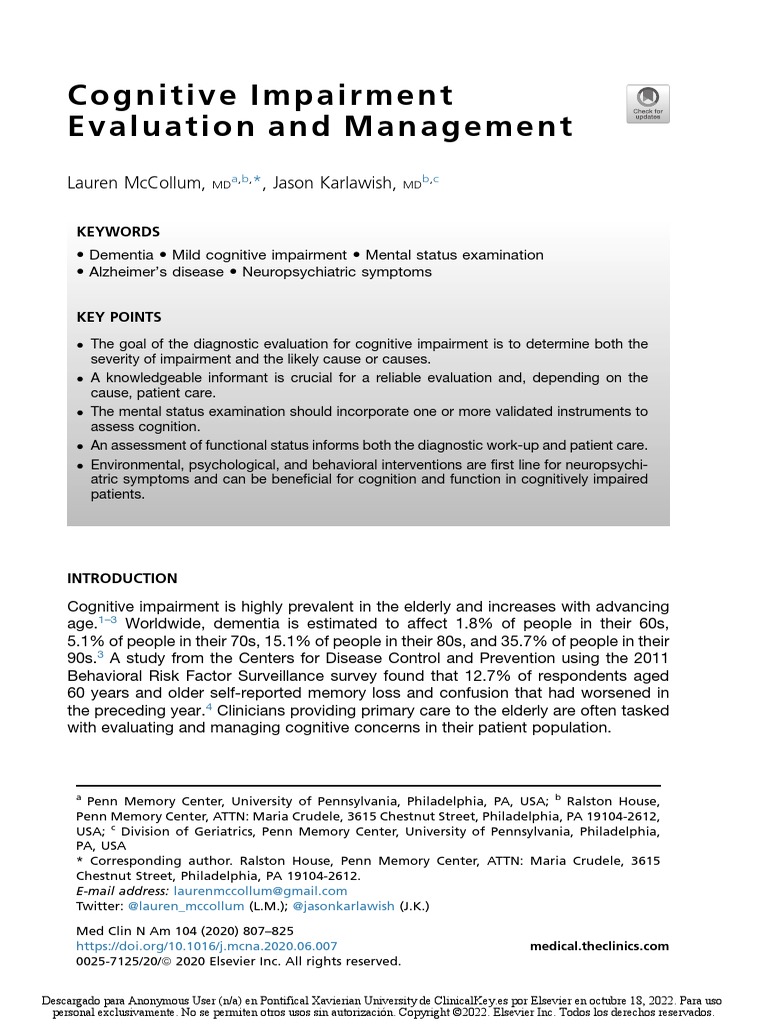 Cognitive Impairment Evaluation and Management | PDF | Dementia ...