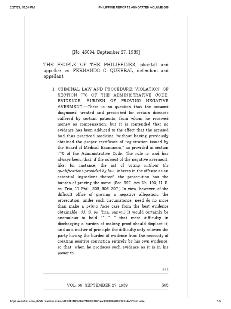 People vs. Quebral, 68 Phil. 564, September 27, 1939 | PDF | Burden Of ...