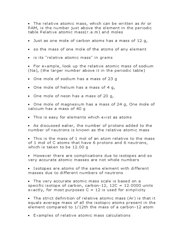 The Relative Atomic Mass | PDF | Mole (Unit) | Gases