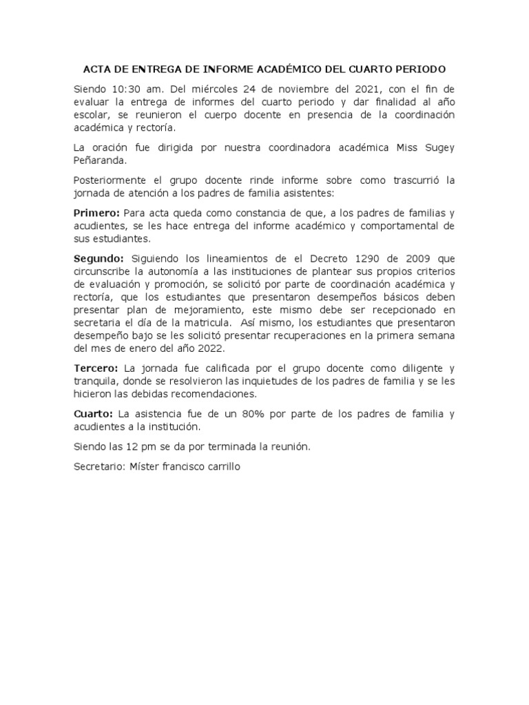 Acta de Entrega de Informe Académico Del Cuarto Periodo | PDF