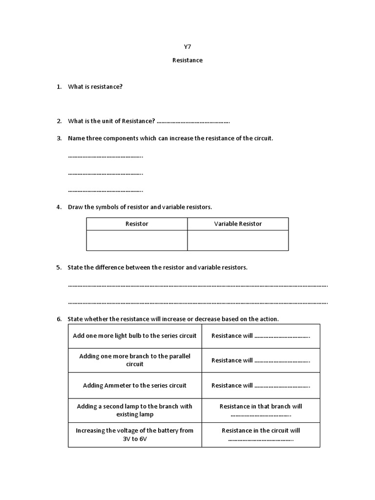 Resistance Worksheet | PDF