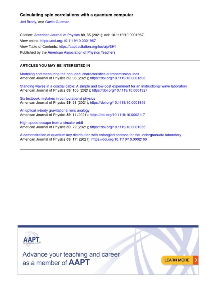 Brody - Calculating Spin Correlations With Quantum Computer | PDF | Spin (Physics) | Quantum ...