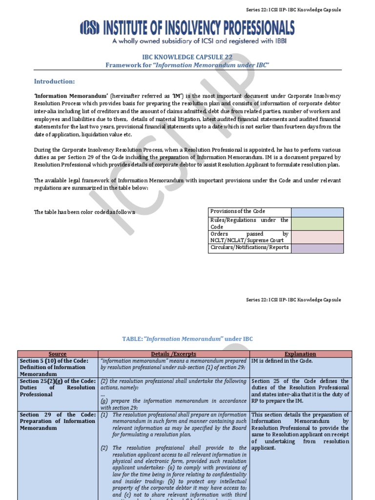 IBC Information Memorandum Guide | PDF | Bankruptcy | Bankruptcy In The ...