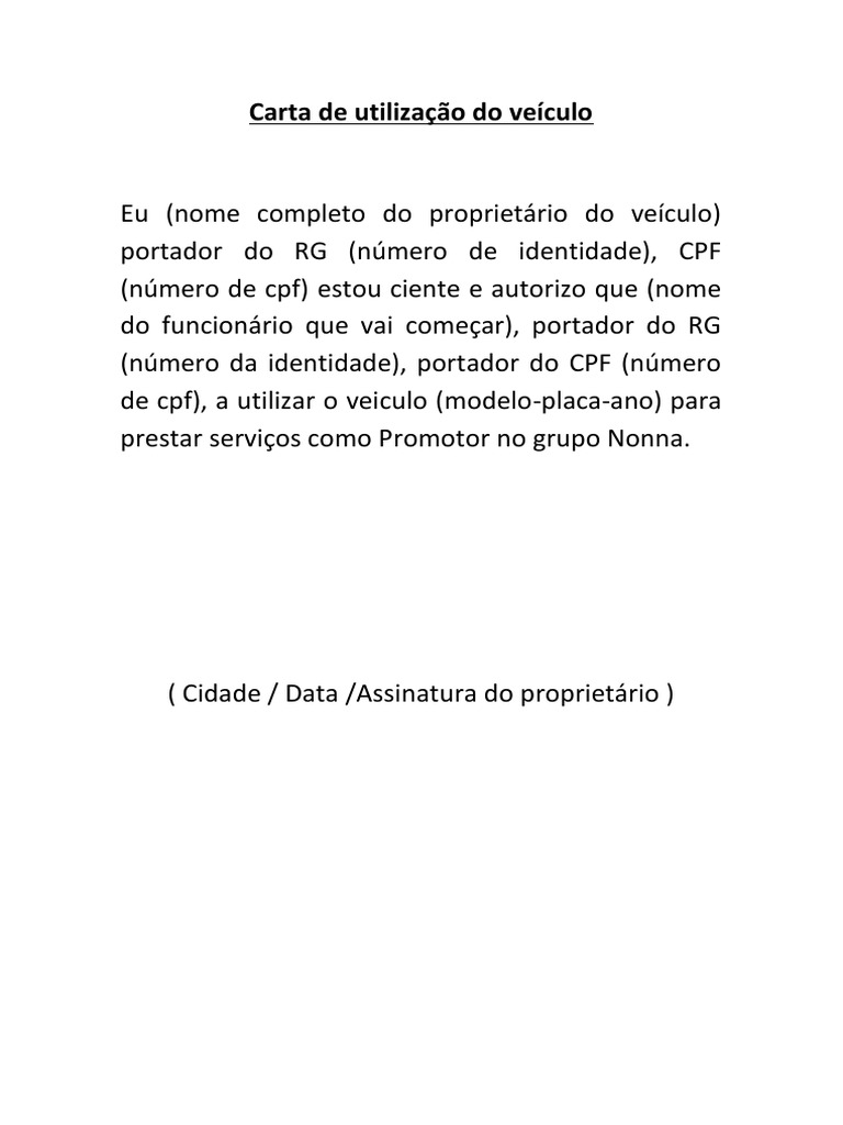 Carta De Autorização Do Veiculo Pdf Pdf