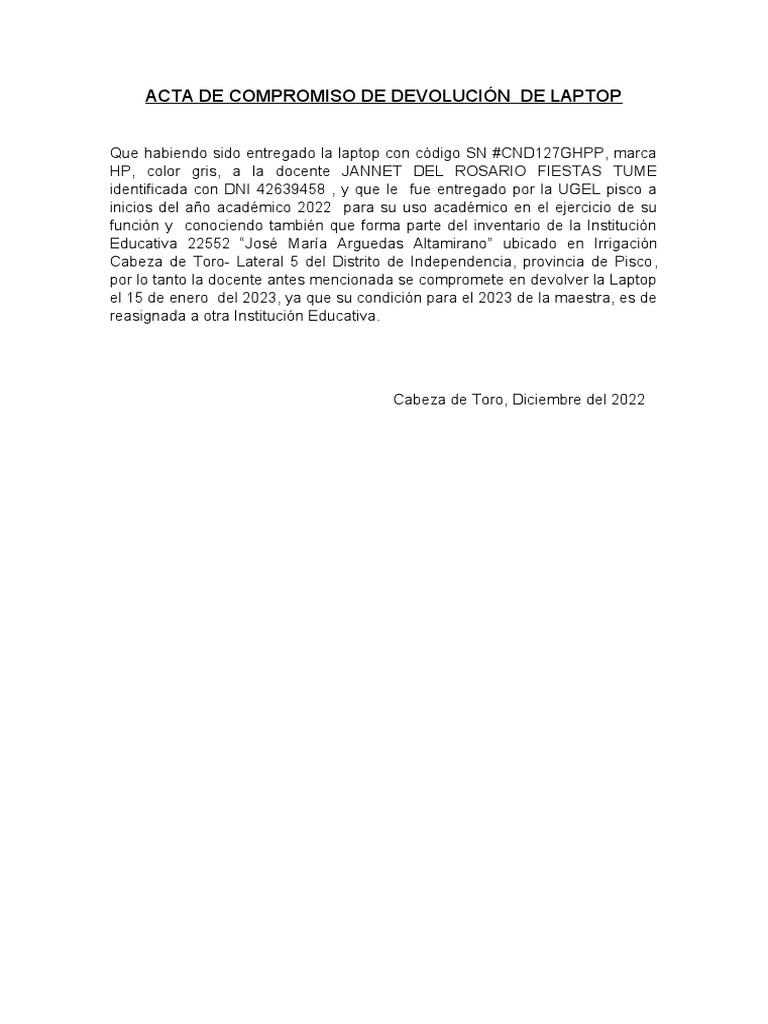 Acta de Compromiso de Devolución de Laptop | PDF