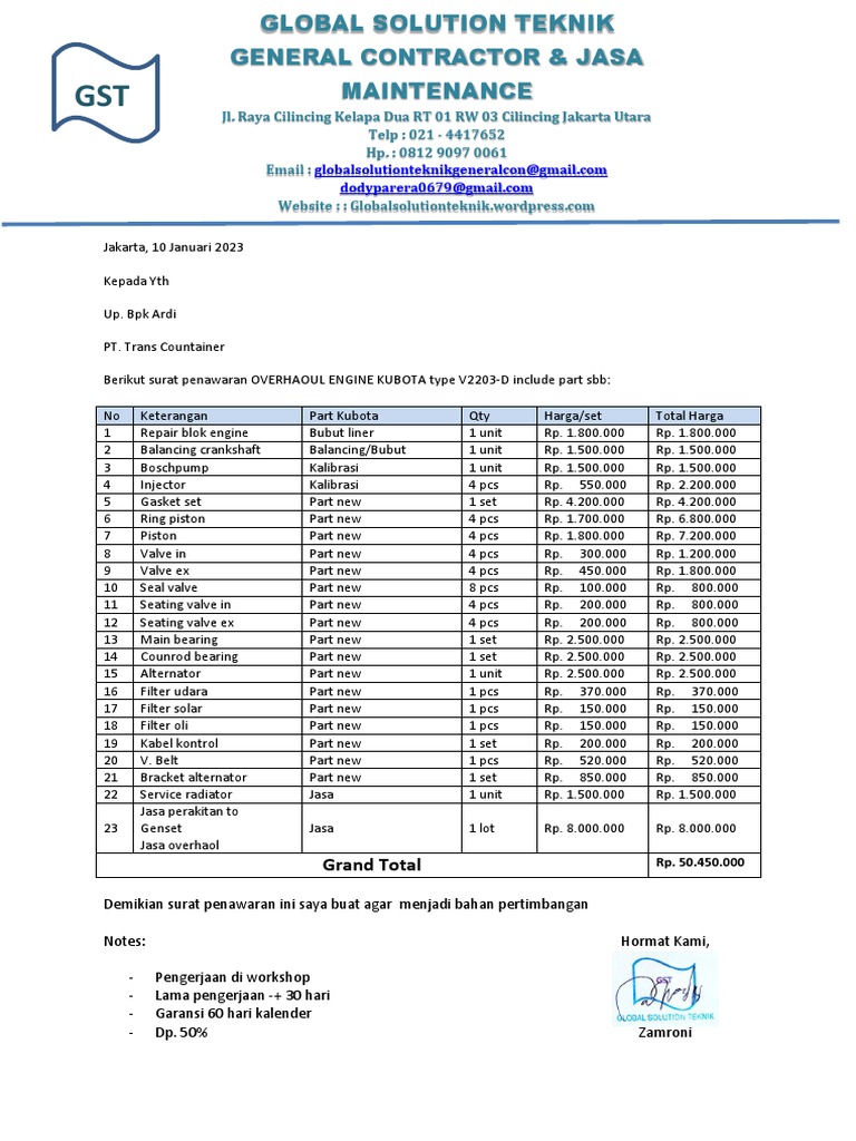 Surat Penawaran Genset | PDF | Vehicle Parts | Vehicle Technology