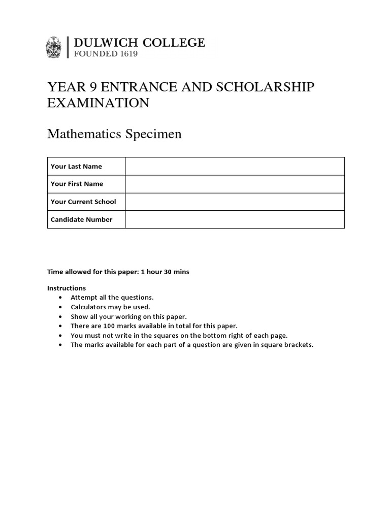 Dulwich College 13 Plus Maths Specimen Paper PDF | PDF | Significant ...
