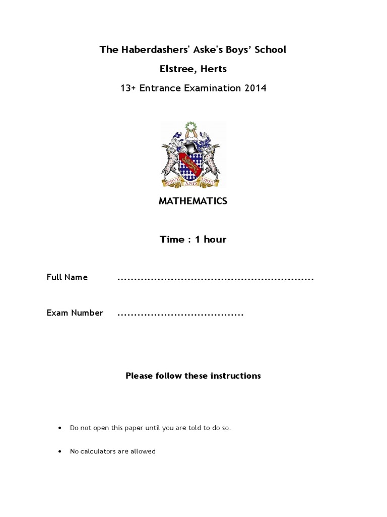 Haberdashers Aske S Boys School 13 Plus Maths Entrance Exam 2014 PDF | PDF | Speed | Ellipsis