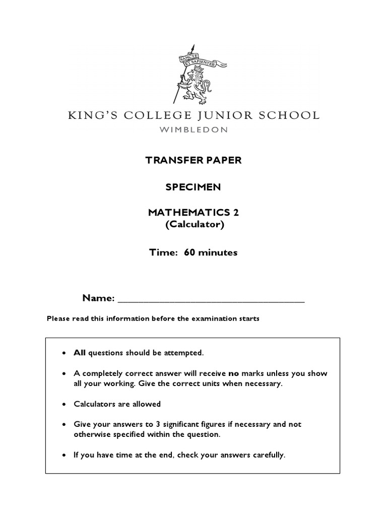 Kings College Junior School 13 Plus Maths Calculator Paper 1 PDF | PDF ...