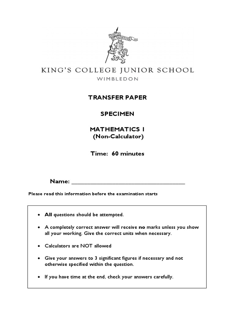 Kings College Junior School 13 Plus Maths Non Calculator Paper 2 PDF ...