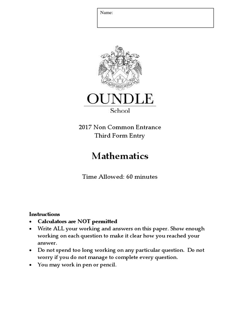 Oundle School 13 Plus Maths Entrance Exam 2017 PDF | PDF | Numbers ...