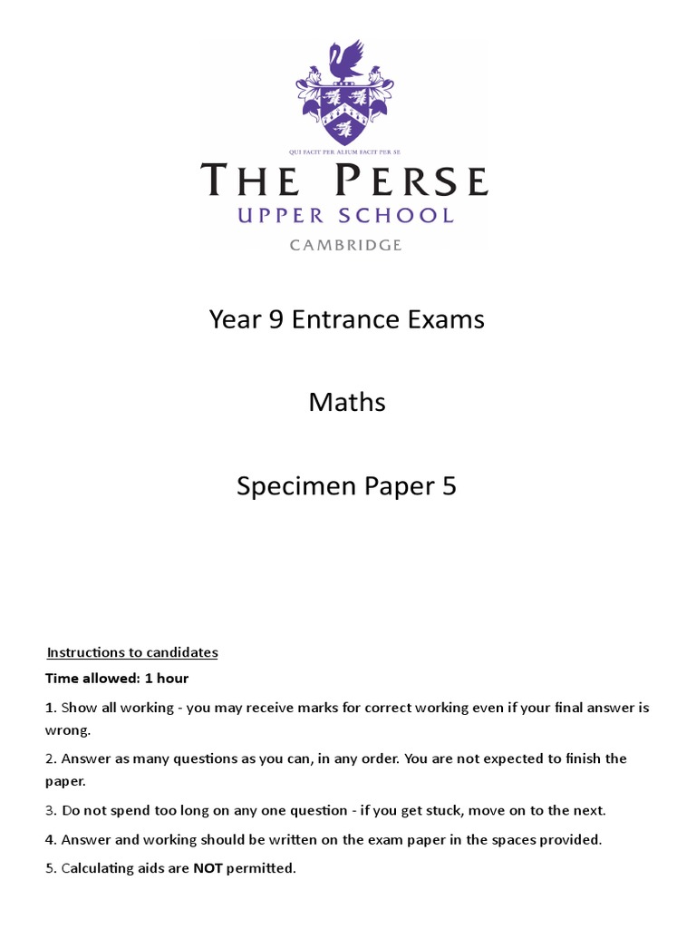The Perse Upper School Year 9 Maths Specimen Paper 5 | PDF | Elementary ...