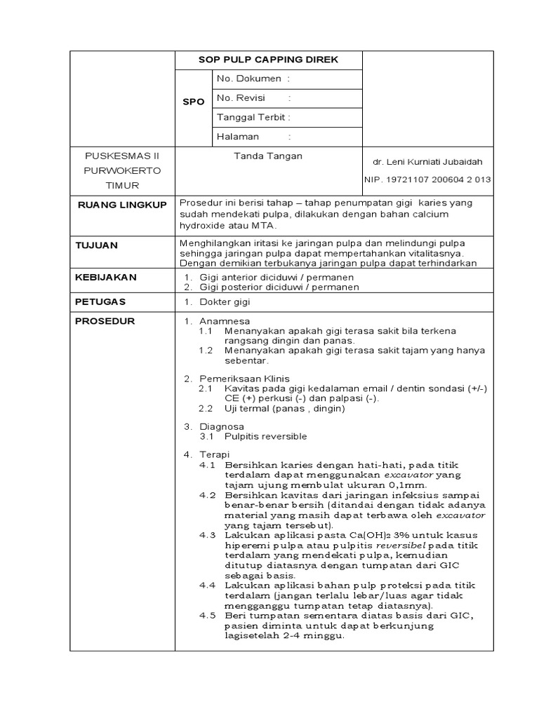 SOP Pulp Capping Direk | PDF