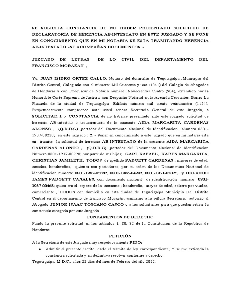 Se Solicita Constancia Declaratoria Ab-Intestato AIDA MARGARITA ...