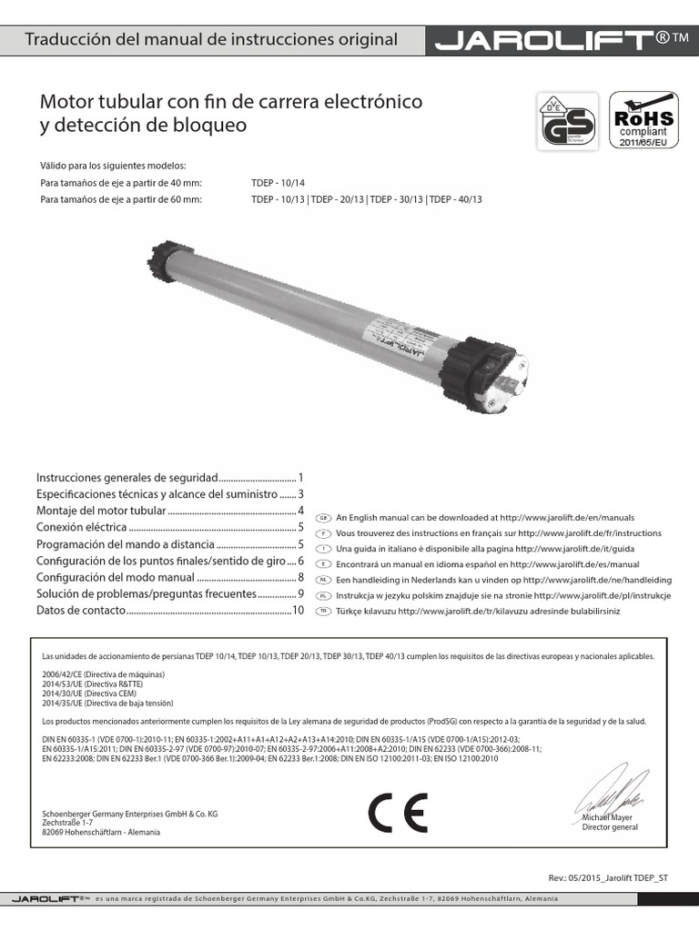Manual de Motor Tubular Jarolift TDEP | PDF | Rodamiento (Mecánico ...