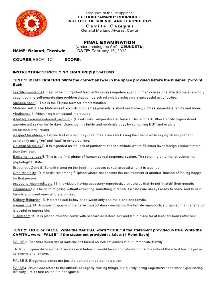 Balmori Therdwin - EARIST Final Examination - Understanding The Self | PDF | Sexually ...