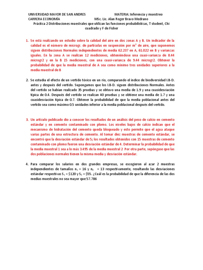 Practica T Student, Jicuadrado y Fisher | PDF | Diferencia | Probabilidad