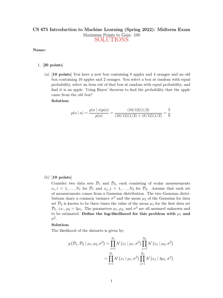 CS 675 Machine Learning Midterm Solutions | PDF | Support Vector Machine | Normal Distribution