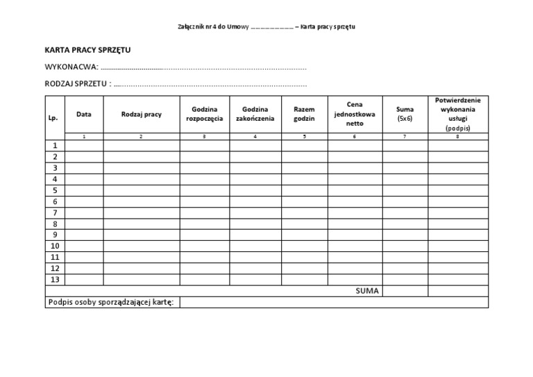 Załącznik NR 4 Do Umowy - KARTA PRACY SPRZĘTU | PDF