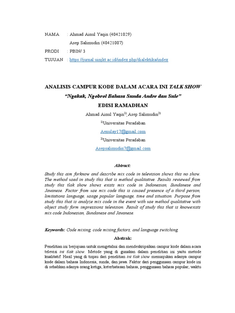 Analisis Campur Kode Dalam Acara Ini Talk Show | PDF
