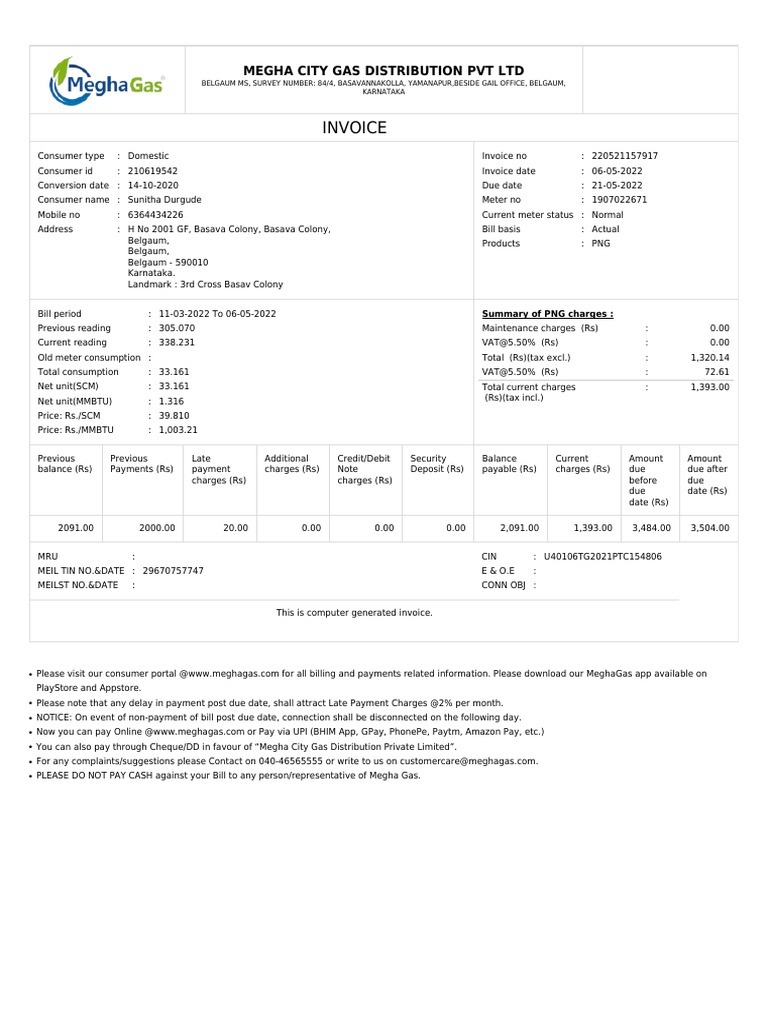 Megha Gas Invoice for Domestic Consumer | PDF | Services (Economics ...