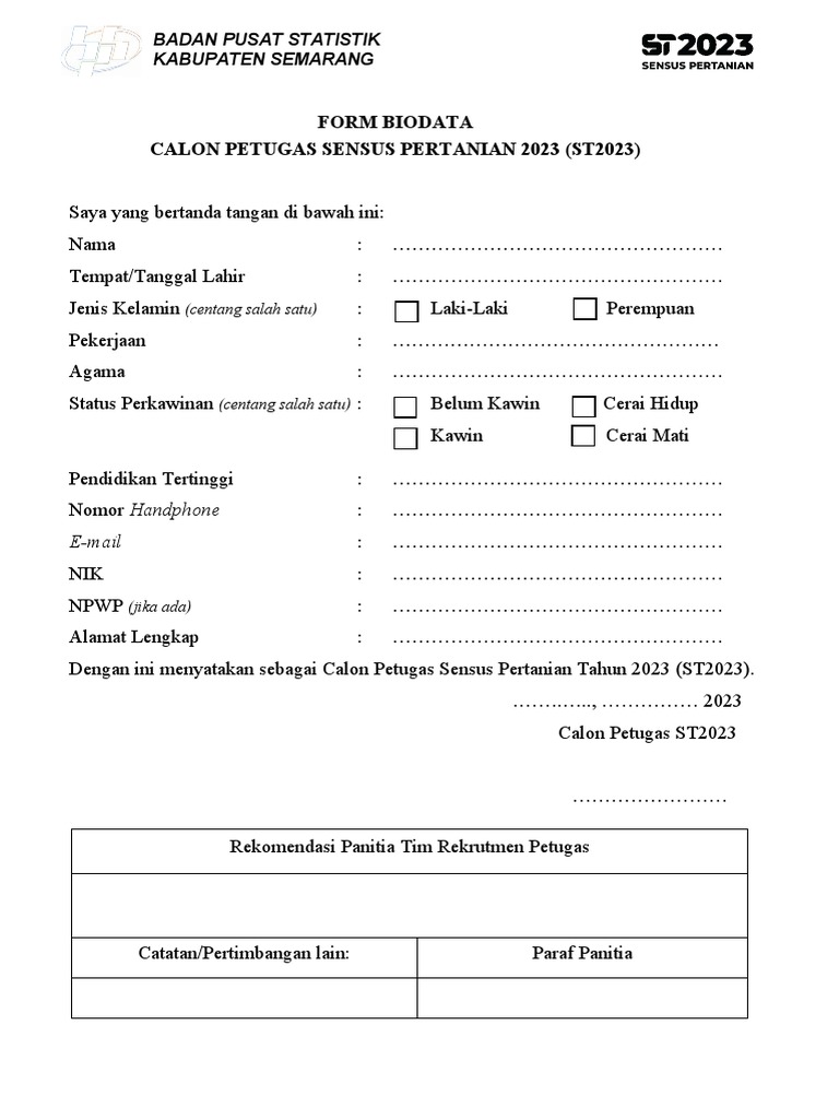 Form Biodata Calon Petugas Sensus Pertanian 2023 (St2023) : Badan Pusat Statistik Kabupaten ...