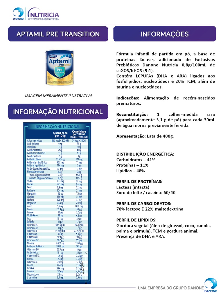 Ficha Tecnica - Aptamil Pre Transition | PDF | Amamentação | Leite